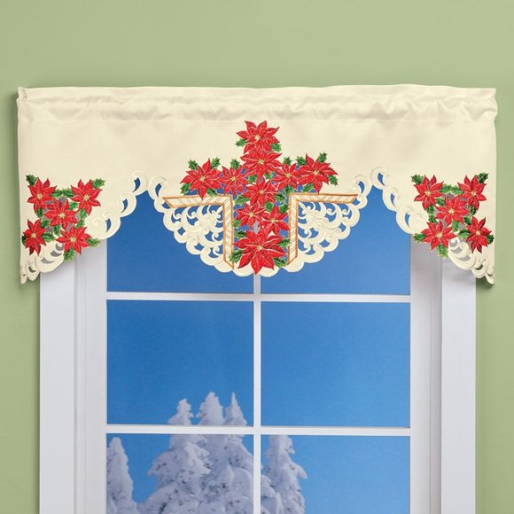 Holiday | Embroidered Poinsettia Cross Scalloped Cream Window Valance ...